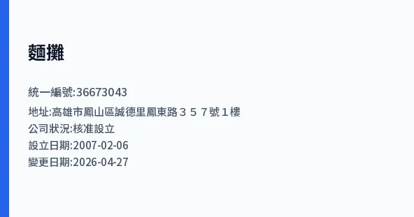 麵攤的照片-統編 36673043(高雄市) 公司登記資料與營業項目詳細圖表