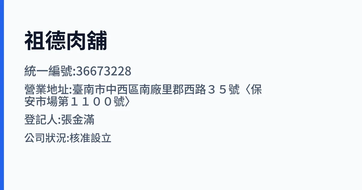 祖德肉舖 - 統編 36673228(臺南市) 公司登記資料與營業項目詳細圖表