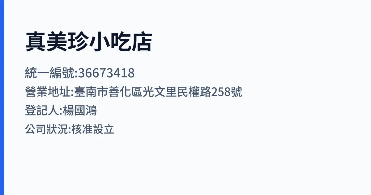 真美珍小吃店 - 統編 36673418(臺南市) 公司登記資料與營業項目詳細圖表