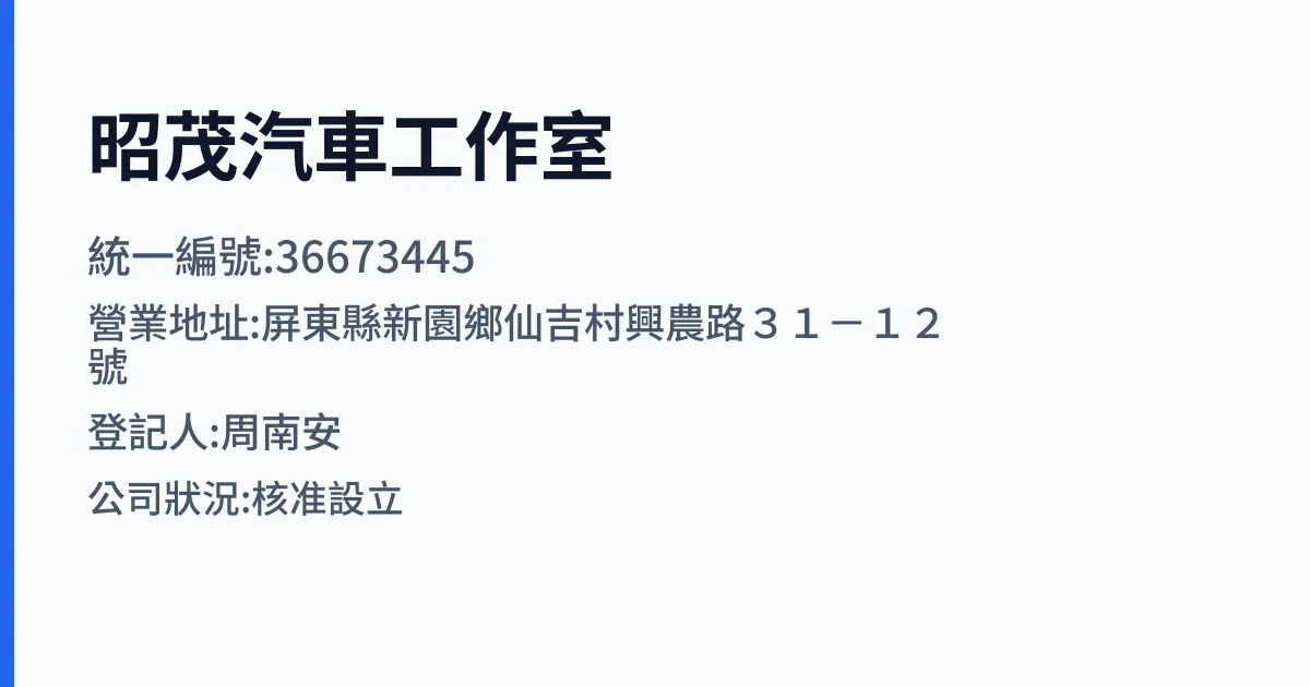 昭茂汽車工作室 - 統編 36673445(屏東縣) 公司登記資料與營業項目詳細圖表