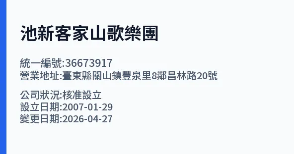 池新客家山歌樂團的照片-統編 36673917(臺東縣) 公司登記資料與營業項目詳細圖表