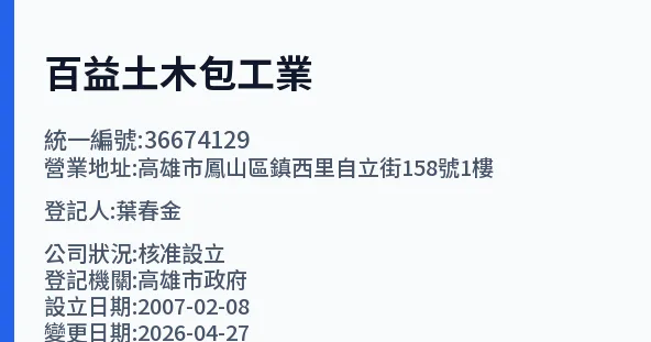 百益土木包工業的照片-統編 36674129(高雄市) 公司登記資料與營業項目詳細圖表