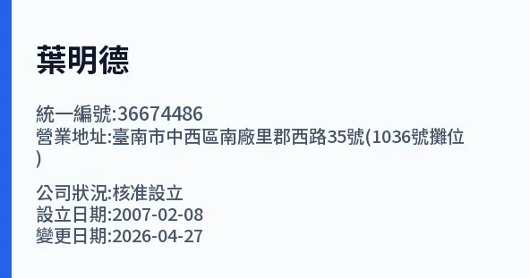 葉明德的照片-統編 36674486(臺南市) 公司登記資料與營業項目詳細圖表