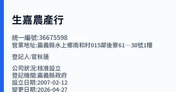 生嘉農產行的照片-統編 36675598(嘉義縣) 公司登記資料與營業項目詳細圖表