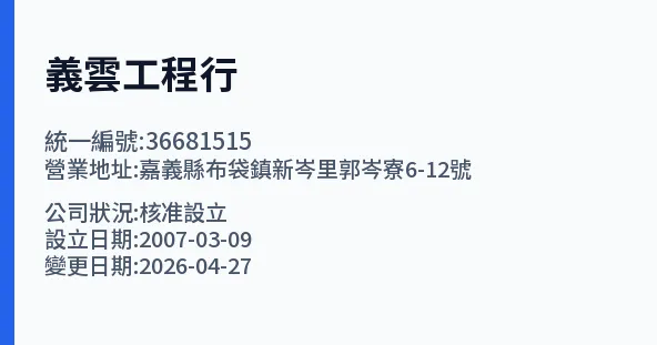 義雲工程行的照片-統編 36681515(嘉義縣) 公司登記資料與營業項目詳細圖表