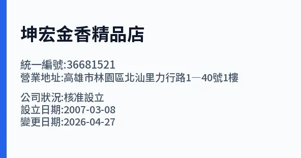 坤宏金香精品店的照片-統編 36681521(高雄市) 公司登記資料與營業項目詳細圖表