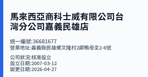 馬來西亞商科士威有限公司台灣分公司嘉義民雄店的照片-統編 36681677(嘉義縣) 公司登記資料與營業項目詳細圖表