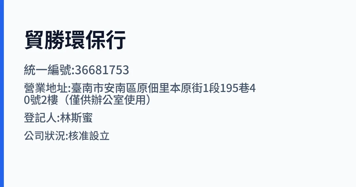 貿勝環保行 - 統編 36681753(臺南市) 公司登記資料與營業項目詳細圖表