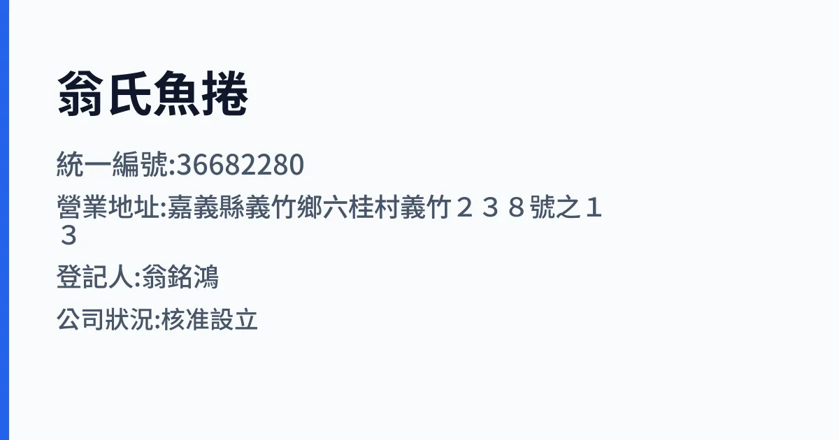 翁氏魚捲 - 統編 36682280(嘉義縣) 公司登記資料與營業項目詳細圖表