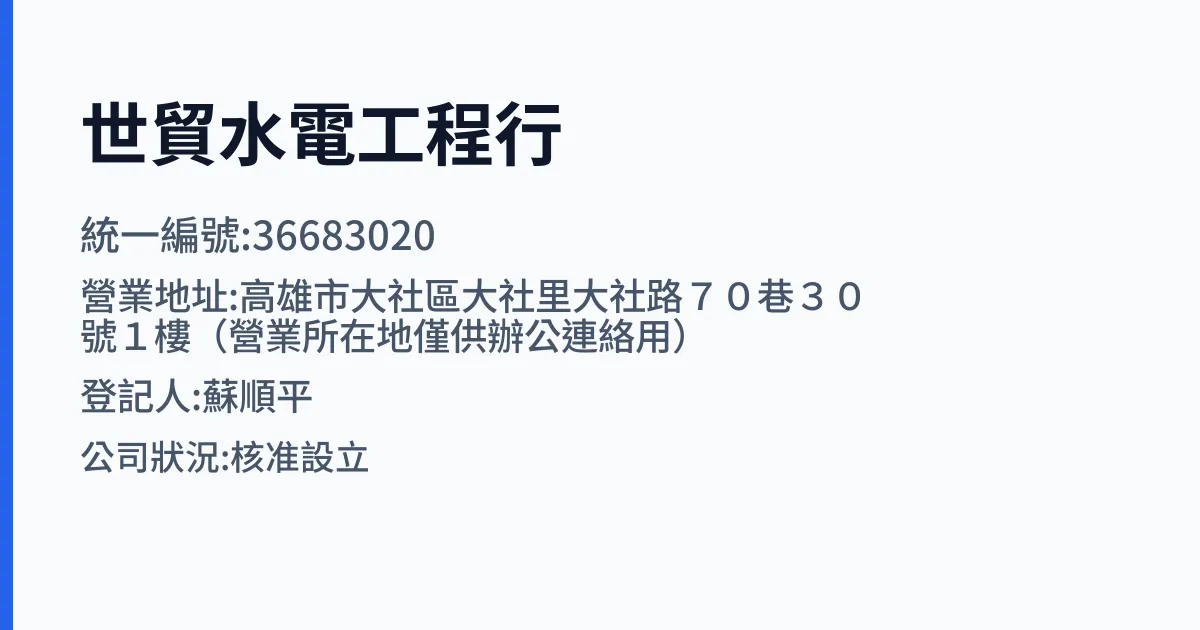 世貿水電工程行 - 統編 36683020(高雄市) 公司登記資料與營業項目詳細圖表