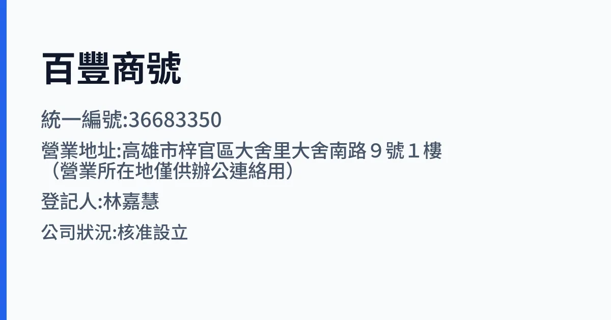 百豐商號 - 統編 36683350(高雄市) 公司登記資料與營業項目詳細圖表