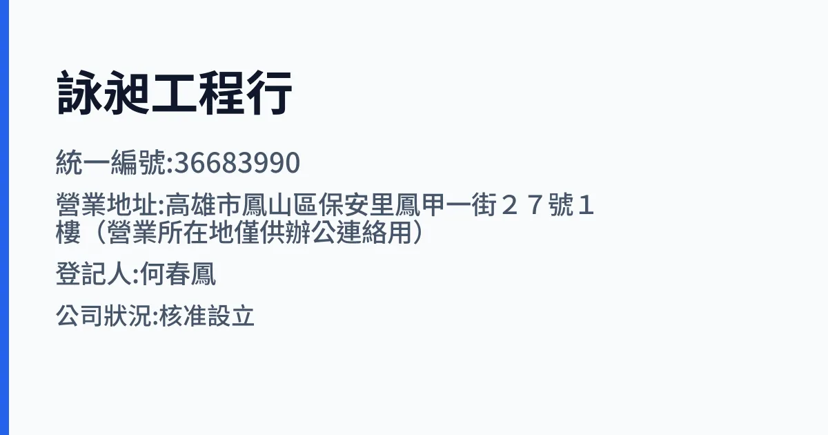 詠昶工程行 - 統編 36683990(高雄市) 公司登記資料與營業項目詳細圖表