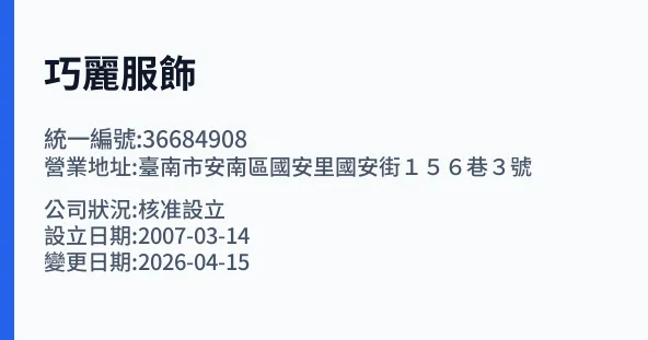 巧麗服飾的照片-統編 36684908(臺南市) 公司登記資料與營業項目詳細圖表