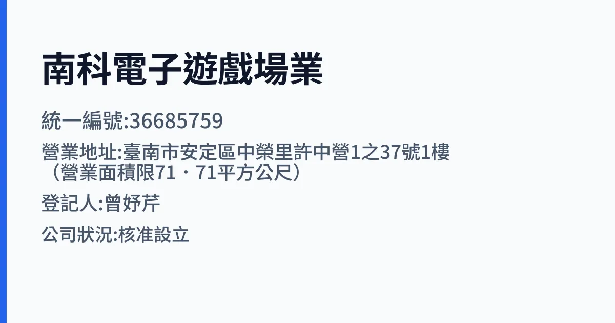 南科電子遊戲場業 - 統編 36685759(臺南市) 公司登記資料與營業項目詳細圖表