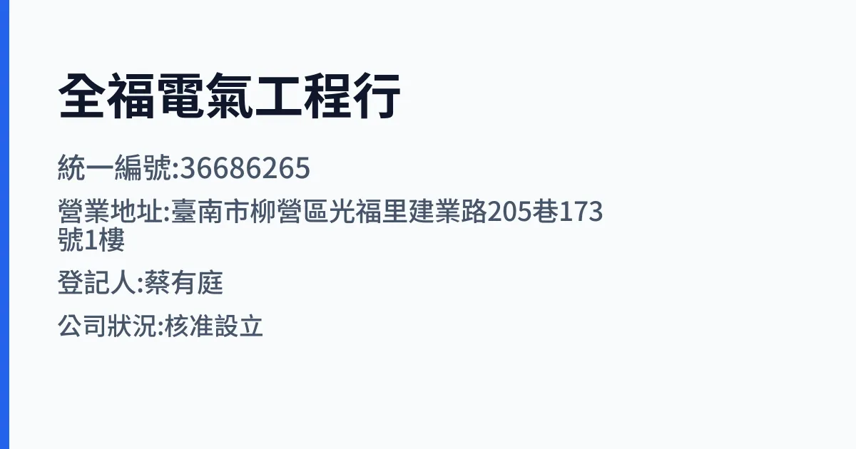 全福電氣工程行 - 統編 36686265(臺南市) 公司登記資料與營業項目詳細圖表