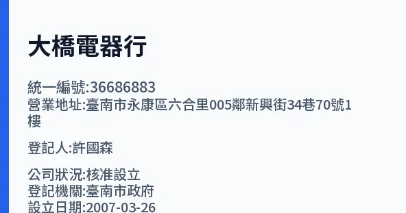 大橋電器行的照片-統編 36686883(臺南市) 公司登記資料與營業項目詳細圖表