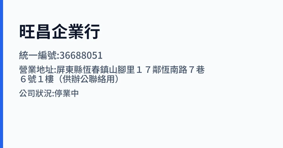 旺昌企業行 - 統編 36688051(屏東縣) 公司登記資料與營業項目詳細圖表