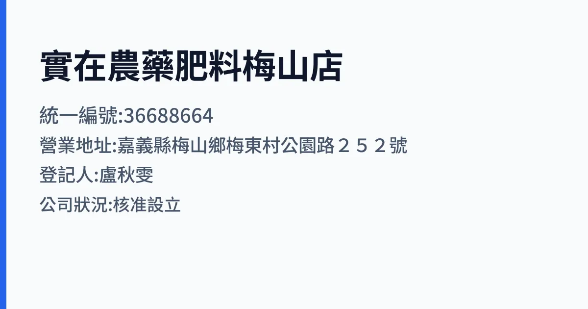 實在農藥肥料梅山店 - 統編 36688664(嘉義縣) 公司登記資料與營業項目詳細圖表