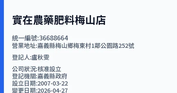 實在農藥肥料梅山店的照片-統編 36688664(嘉義縣) 公司登記資料與營業項目詳細圖表