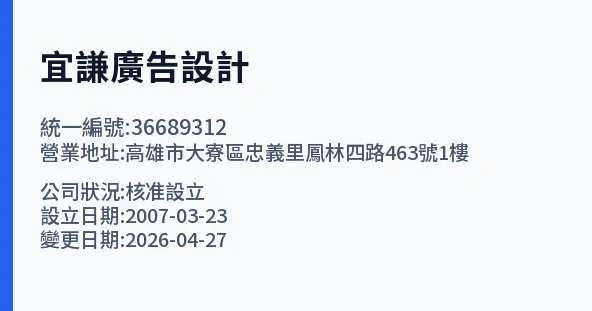 宜謙廣告設計的照片-統編 36689312(高雄市) 公司登記資料與營業項目詳細圖表