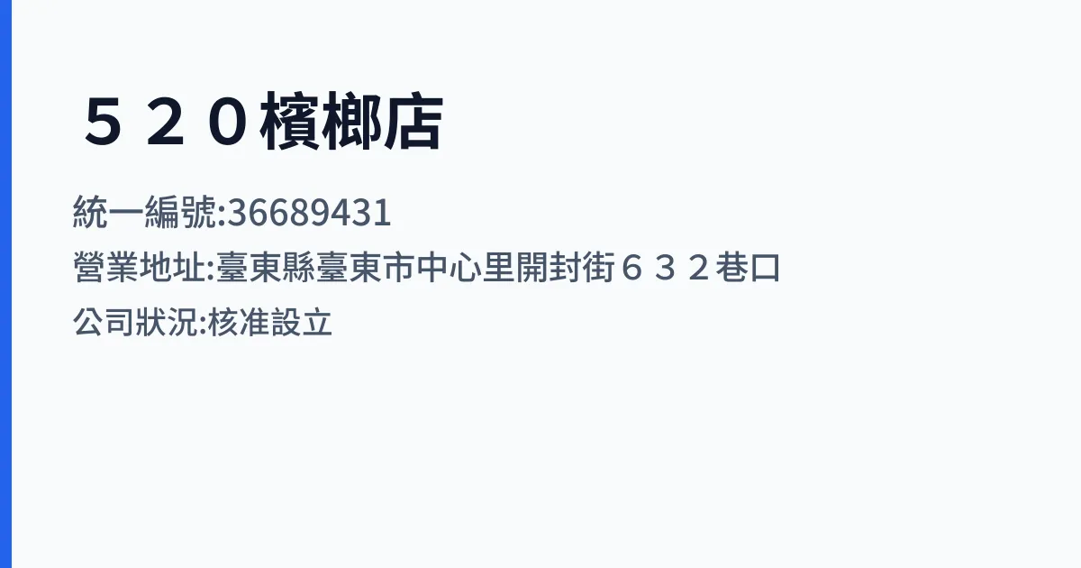 ５２０檳榔店 - 統編 36689431(臺東縣) 公司登記資料與營業項目詳細圖表