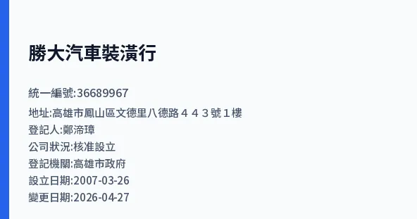 勝大汽車裝潢行的照片-統編 36689967(高雄市) 公司登記資料與營業項目詳細圖表