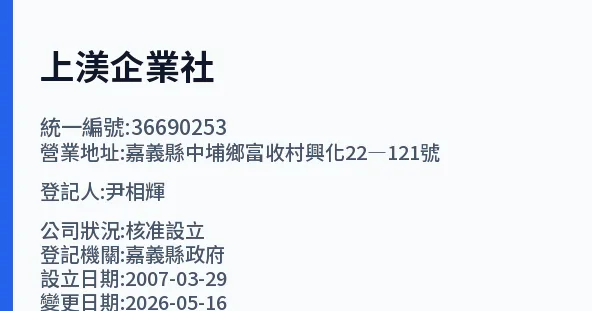 上渼企業社的照片-統編 36690253(嘉義縣) 公司登記資料與營業項目詳細圖表