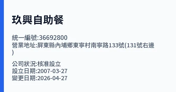 玖興自助餐的照片-統編 36692800(屏東縣) 公司登記資料與營業項目詳細圖表