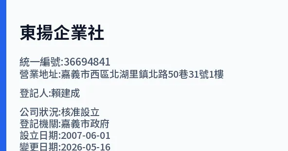 東揚企業社的照片-統編 36694841(嘉義市) 公司登記資料與營業項目詳細圖表