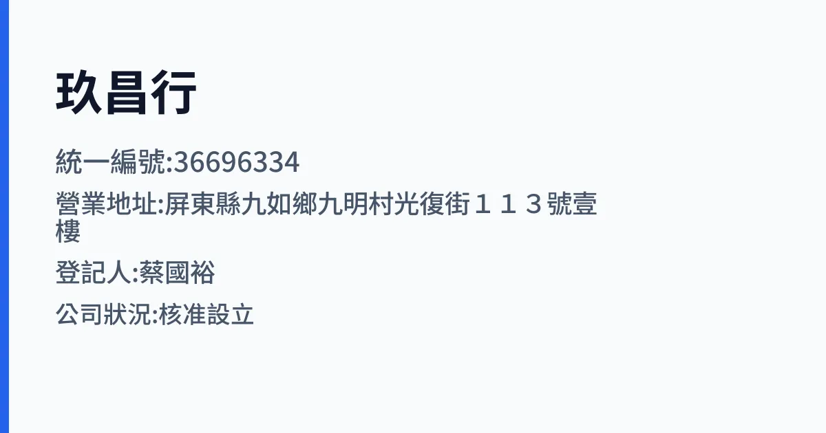 玖昌行 - 統編 36696334(屏東縣) 公司登記資料與營業項目詳細圖表