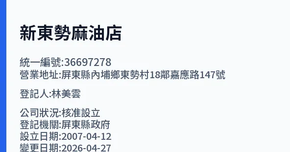 新東勢麻油店的照片-統編 36697278(屏東縣) 公司登記資料與營業項目詳細圖表