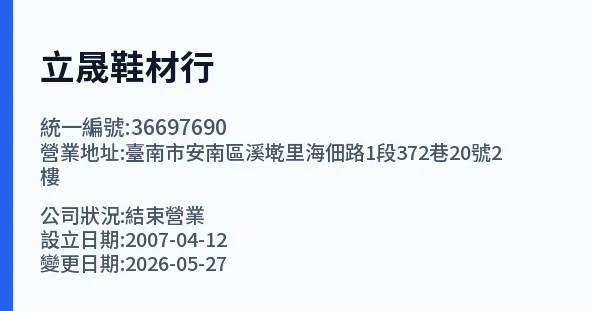 立晟鞋材行的照片-統編 36697690(臺南市) 公司登記資料與營業項目詳細圖表