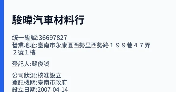 駿暐汽車材料行的照片-統編 36697827(臺南市) 公司登記資料與營業項目詳細圖表