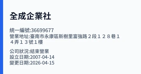 全成企業社的照片-統編 36699677(臺南市) 公司登記資料與營業項目詳細圖表