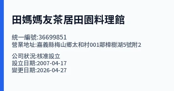 田媽媽友茶居田園料理館的照片-統編 36699851(嘉義縣) 公司登記資料與營業項目詳細圖表