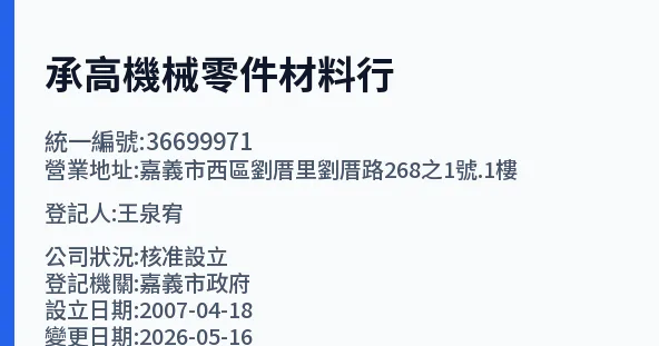 承高機械零件材料行的照片-統編 36699971(嘉義市) 公司登記資料與營業項目詳細圖表