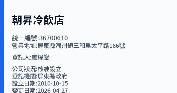朝昇冷飲店的照片-統編 36700610(屏東縣) 公司登記資料與營業項目詳細圖表