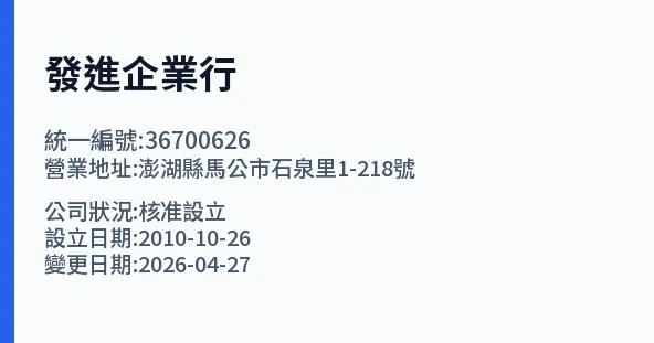 發進企業行的照片-統編 36700626(澎湖縣) 公司登記資料與營業項目詳細圖表
