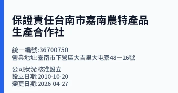保證責任台南市嘉南農特產品生產合作社的照片-統編 36700750(臺南市) 公司登記資料與營業項目詳細圖表