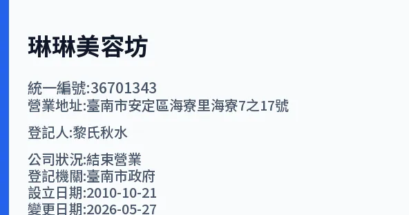 琳琳美容坊的照片-統編 36701343(臺南市) 公司登記資料與營業項目詳細圖表