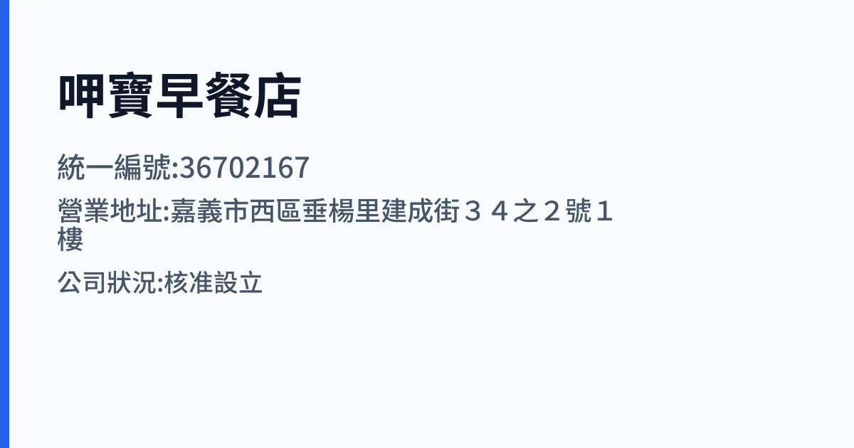 呷寶早餐店 - 統編 36702167(嘉義市) 公司登記資料與營業項目詳細圖表
