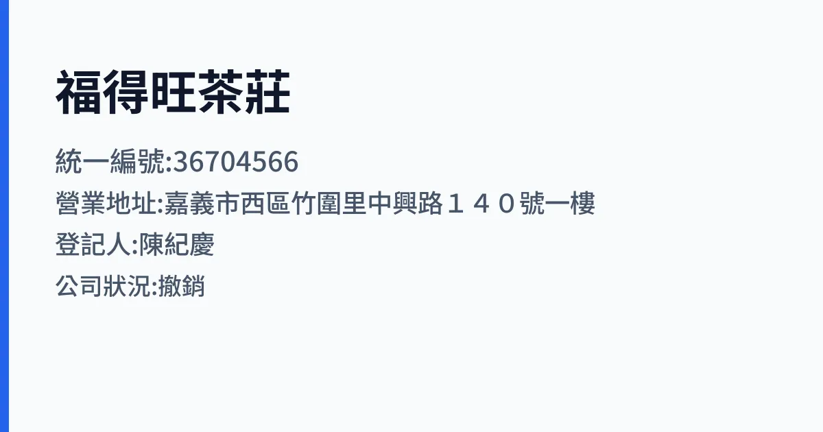 福得旺茶莊 - 統編 36704566(嘉義市) 公司登記資料與營業項目詳細圖表