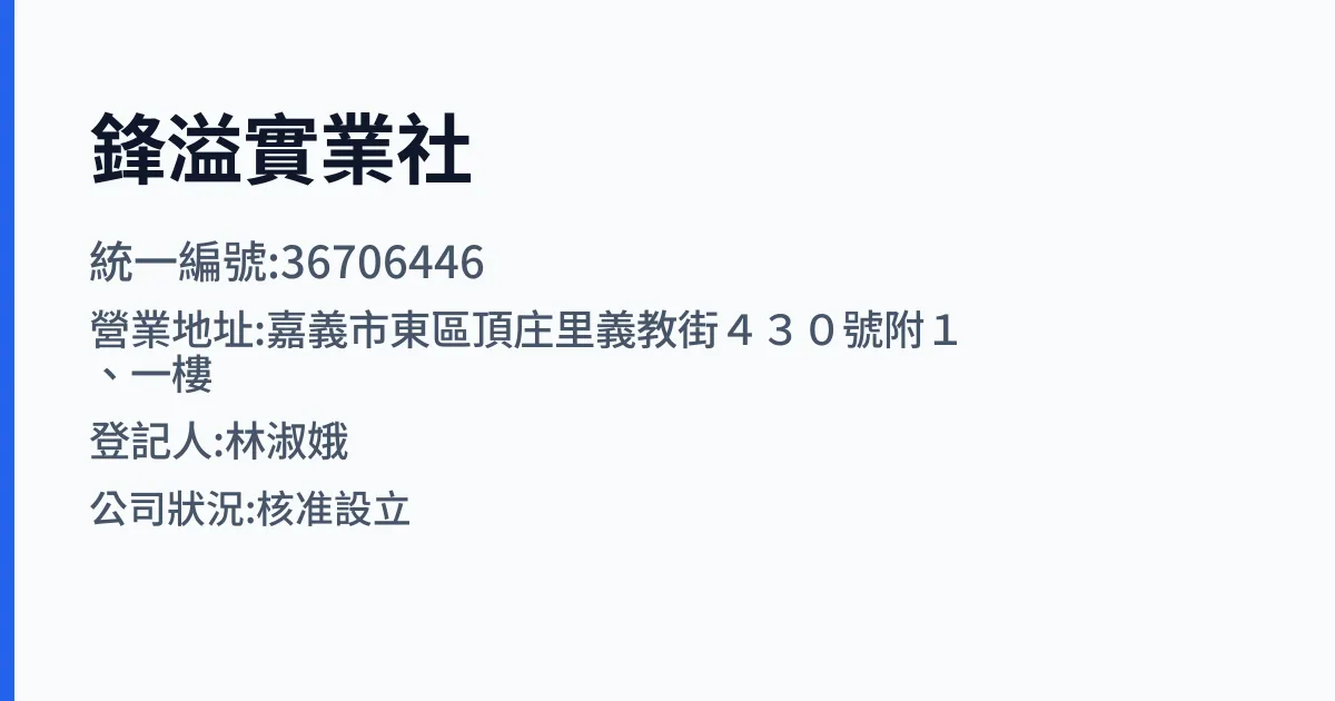 鋒溢實業社 - 統編 36706446(嘉義市) 公司登記資料與營業項目詳細圖表