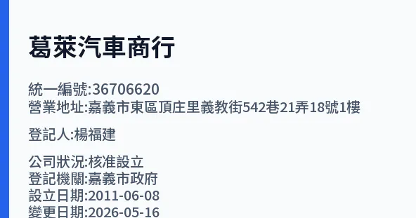 葛萊汽車商行的照片-統編 36706620(嘉義市) 公司登記資料與營業項目詳細圖表