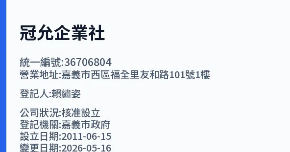 冠允企業社的照片-統編 36706804(嘉義市) 公司登記資料與營業項目詳細圖表
