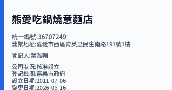 熊愛吃鍋燒意麵店的照片-統編 36707249(嘉義市) 公司登記資料與營業項目詳細圖表