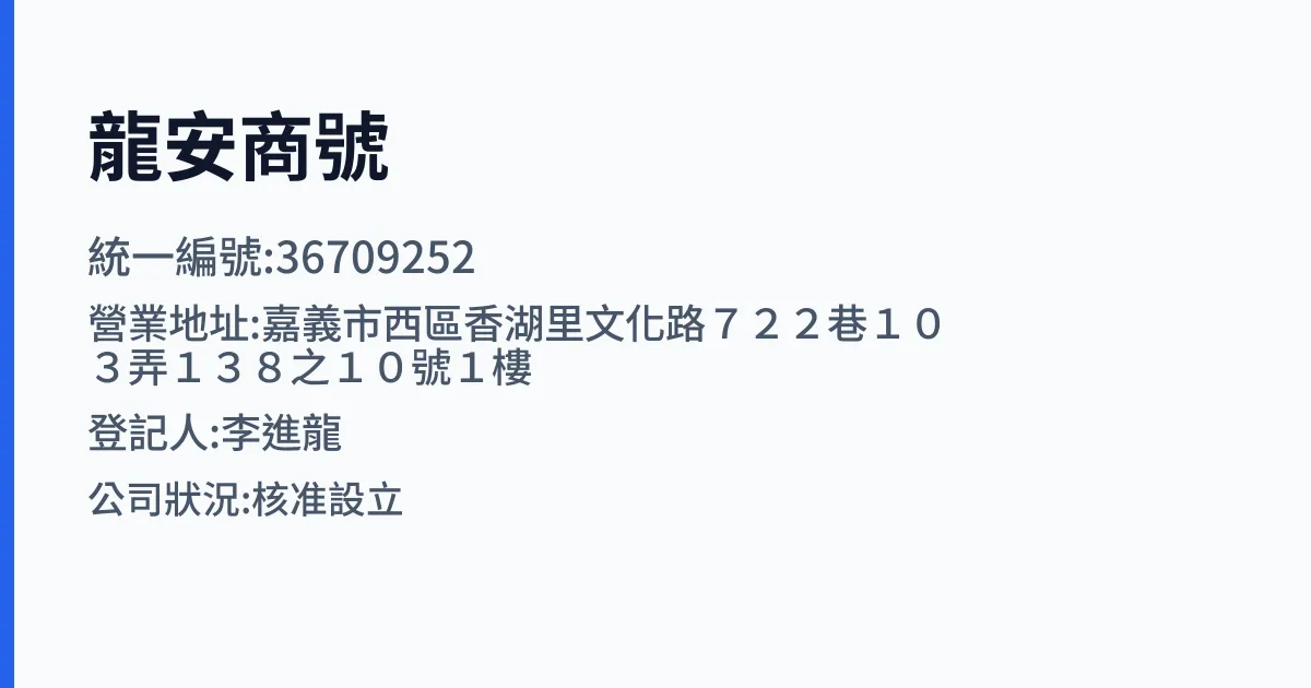 龍安商號 - 統編 36709252(嘉義市) 公司登記資料與營業項目詳細圖表