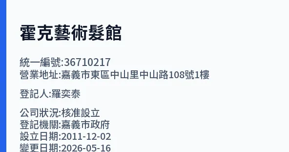 霍克藝術髮館的照片-統編 36710217(嘉義市) 公司登記資料與營業項目詳細圖表