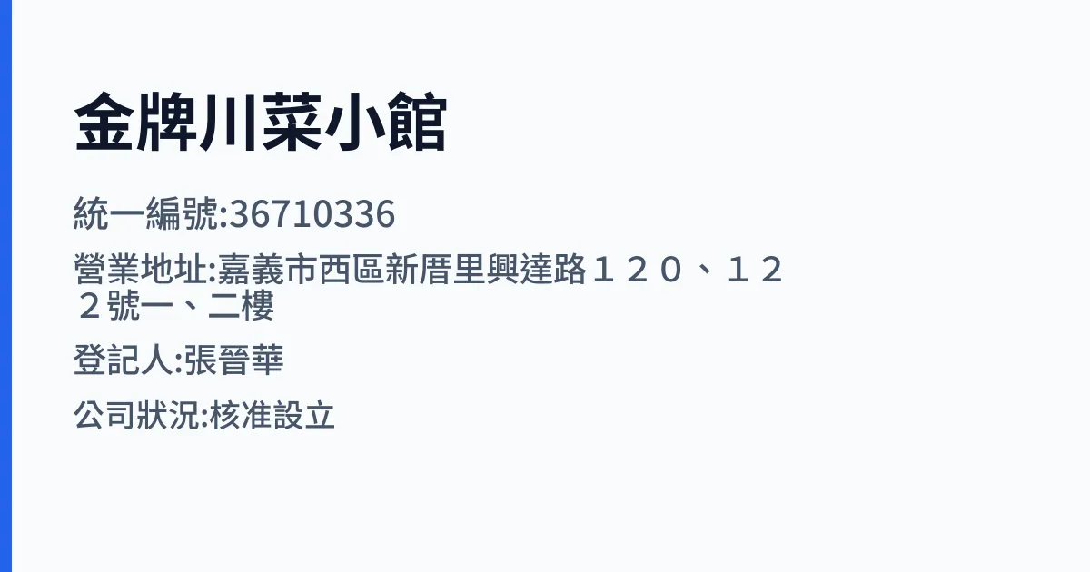金牌川菜小館 - 統編 36710336(嘉義市) 公司登記資料與營業項目詳細圖表