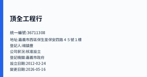 頂全工程行的照片-統編 36711308(嘉義市) 公司登記資料與營業項目詳細圖表